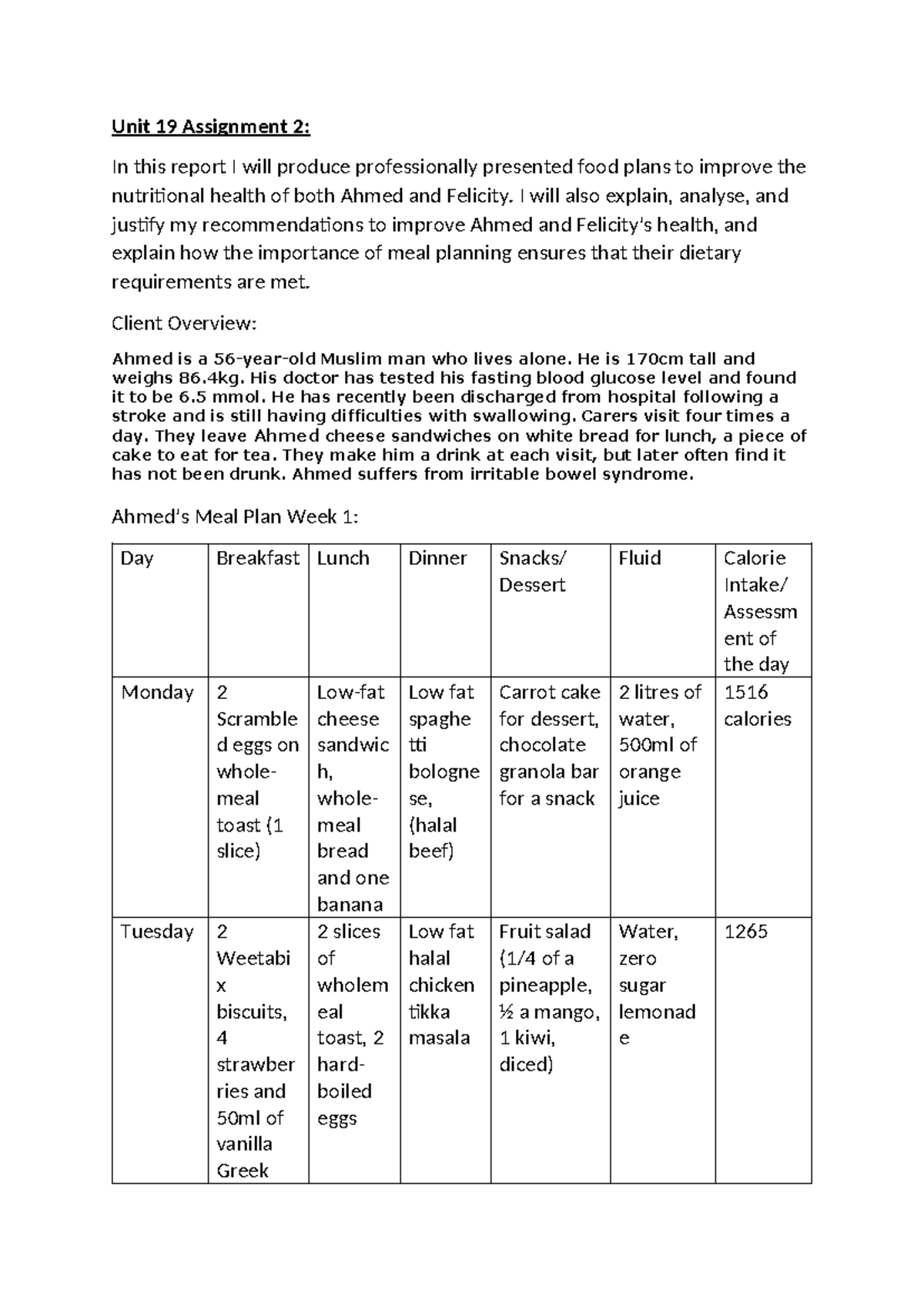 Unit 19 Assignment 2: Nutritional Meal Plans for Ahmed & Felicity - Studocu