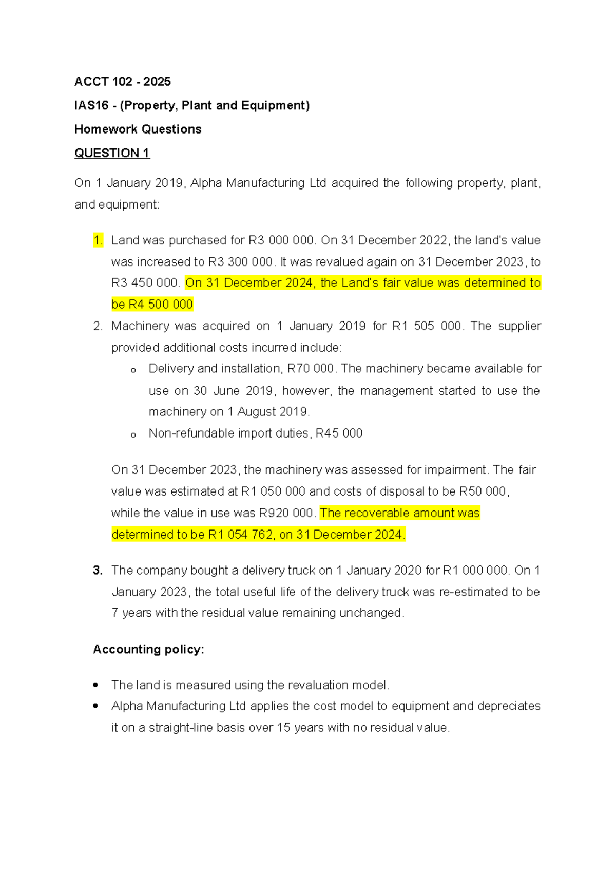 ACCT 102 2025 IAS16 Homework: Property, Plant & Equipment Analysis ...
