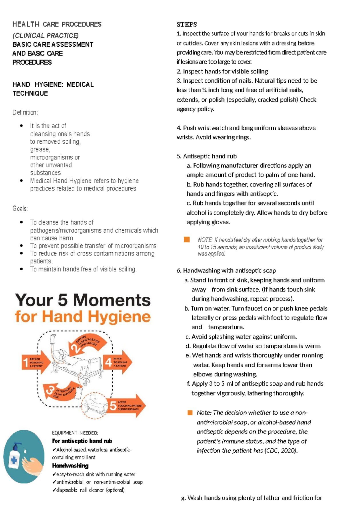 HEALTH CARE PROCEDURES (CLINICAL PRACTICE): HAND HYGIENE & ASSESSMENT ...