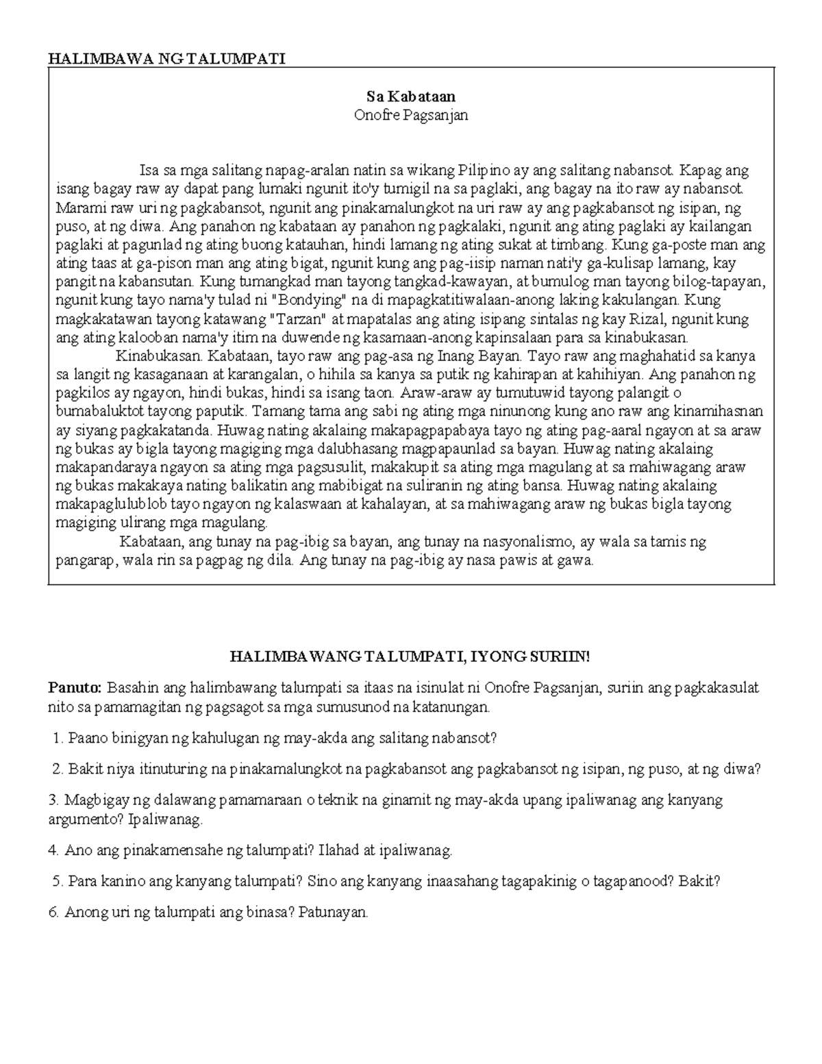 Halimbawa ng Talumpati ni Onofre Pagsanjan: Pagsusuri at Mensahe - Studocu