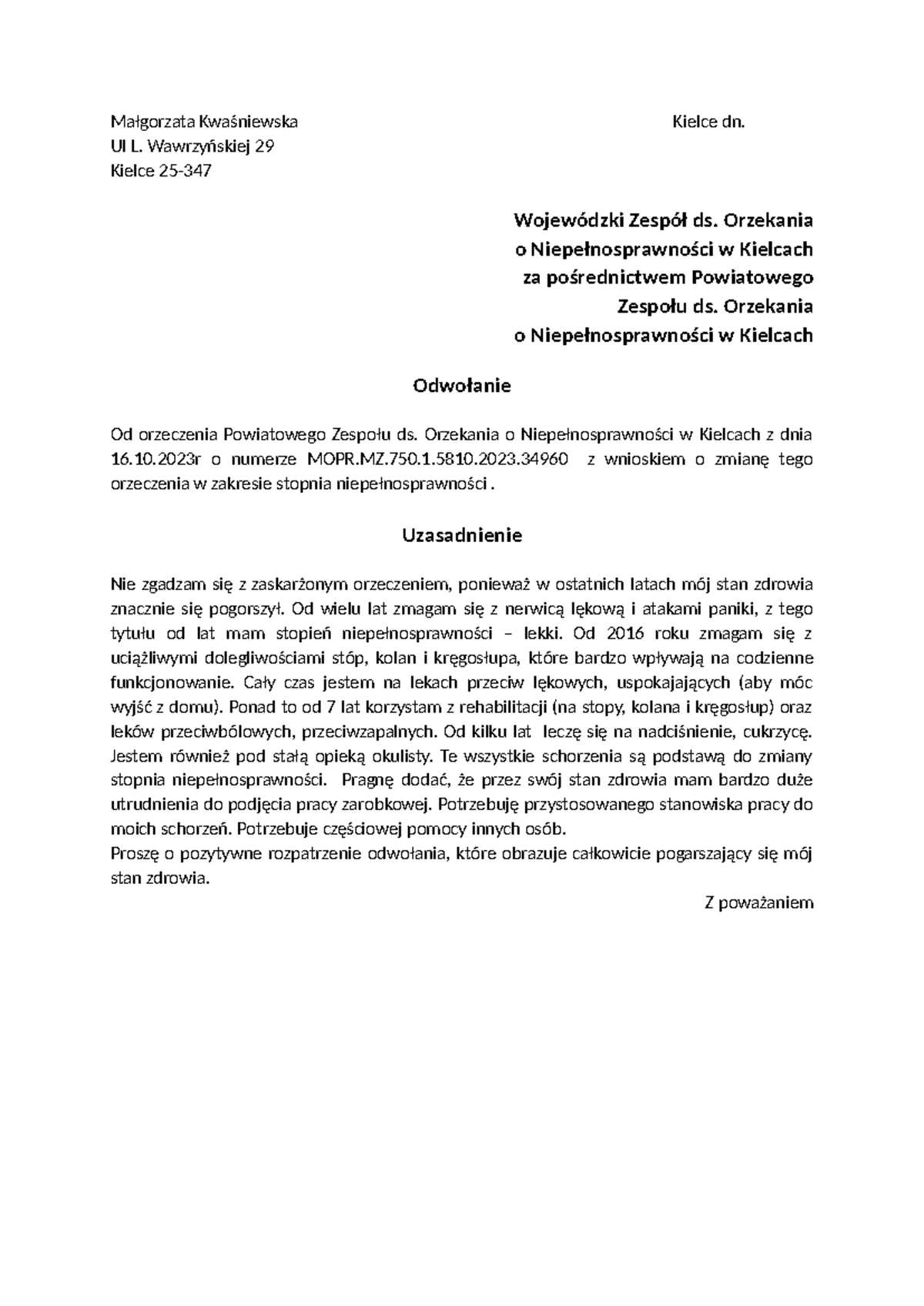 Przykładowy Wzór Odwołania od Orzeczenia o Niepełnosprawności - Studocu