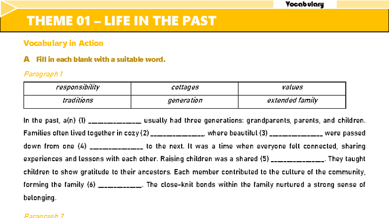 English 9 Vocabulary Theme 01: Life in the Past - Fill in the Blanks ...