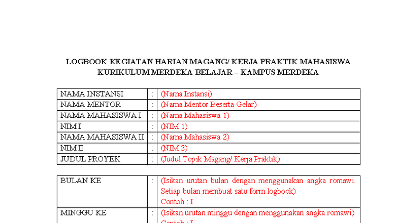 Format Logbook Harian Magang MBKM: Kegiatan Praktik Mahasiswa - Studocu