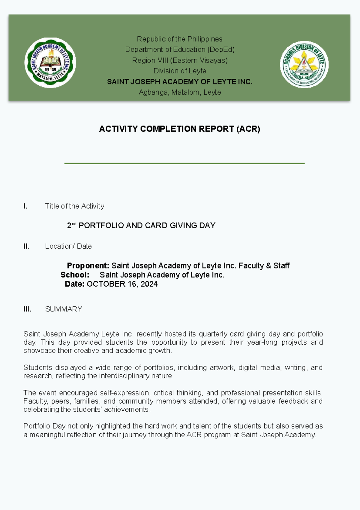 2nd Portfolio and Card Giving Day ACR - Saint Joseph Academy - Studocu