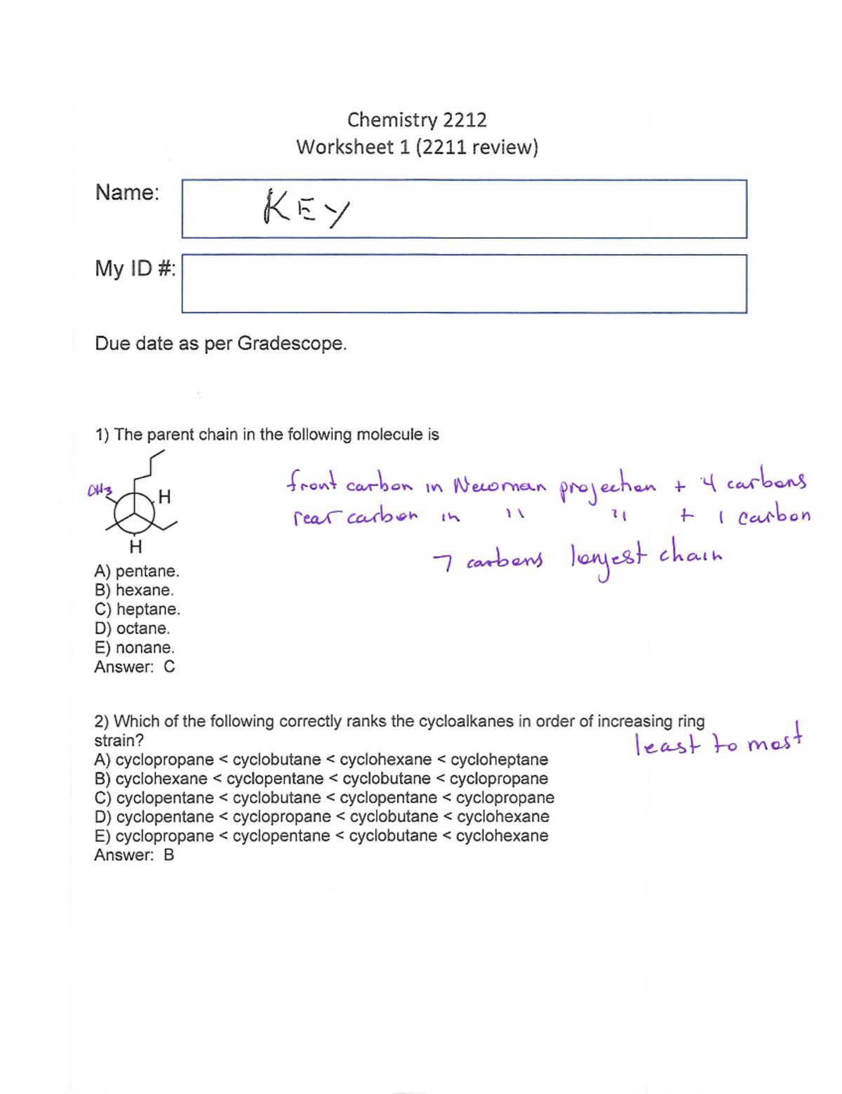 Chem 2212 Worksheet 1 Annotated Key - Chemistry 2212 Worksheet 1 (2211 ...