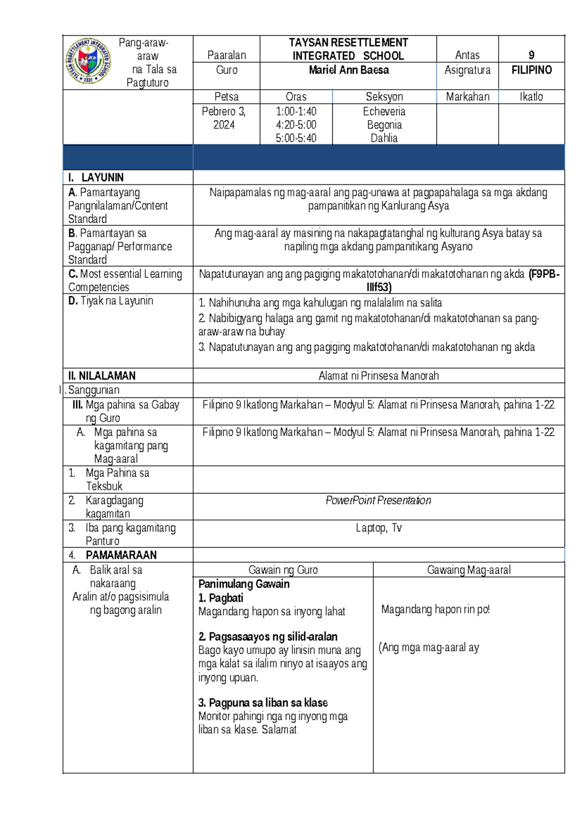 Filipino 9 Ikatlong Markahan Lesson Plan: Alamat ni Prinsesa Manorah ...