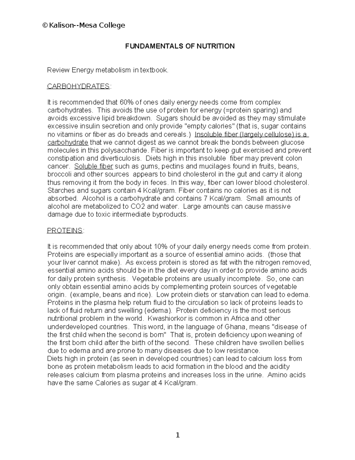Nutrition packet-1 - NOTES - FUNDAMENTALS OF NUTRITION Review Energy ...