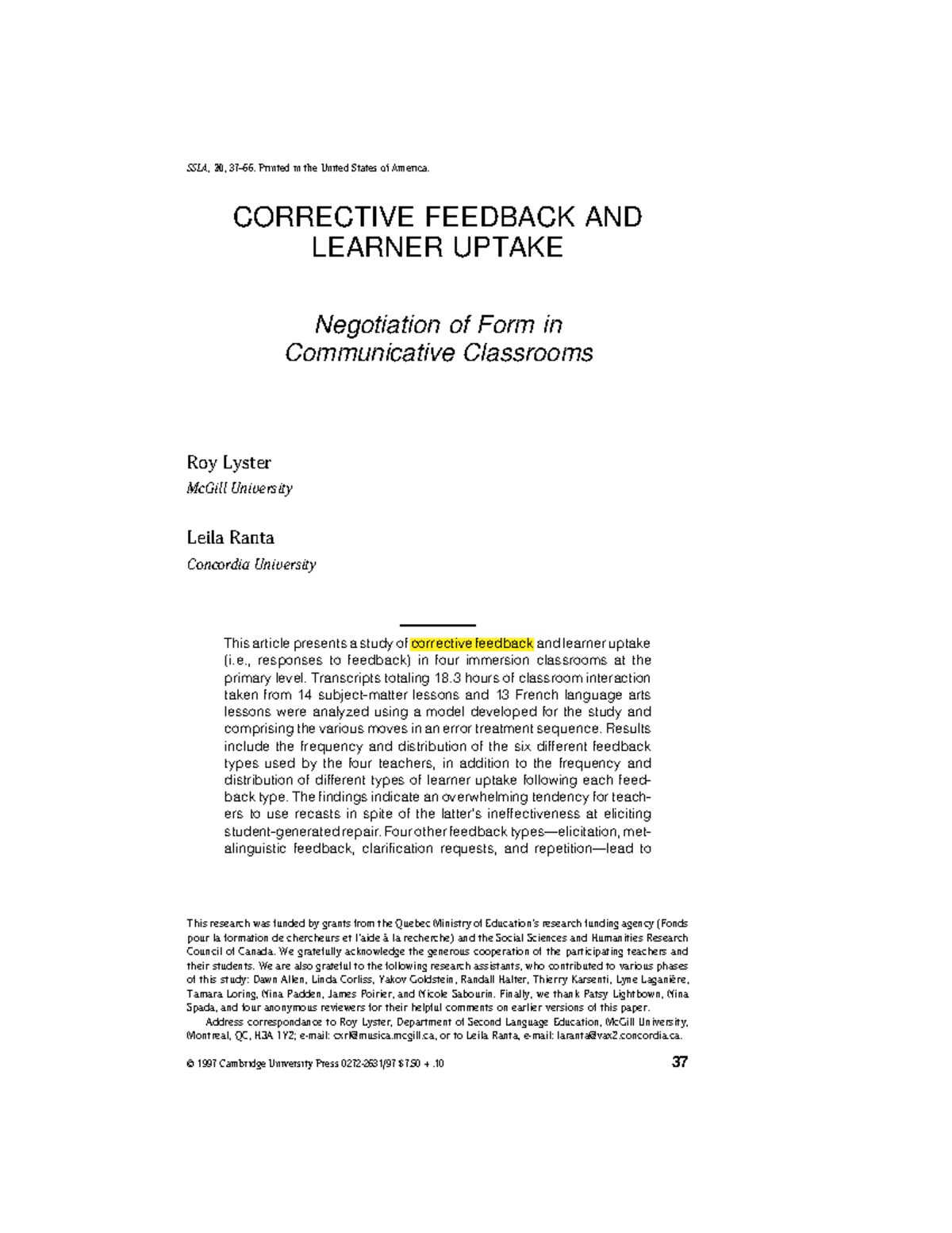 SSLA 20: Corrective Feedback and Learner Uptake in Immersion Classrooms ...