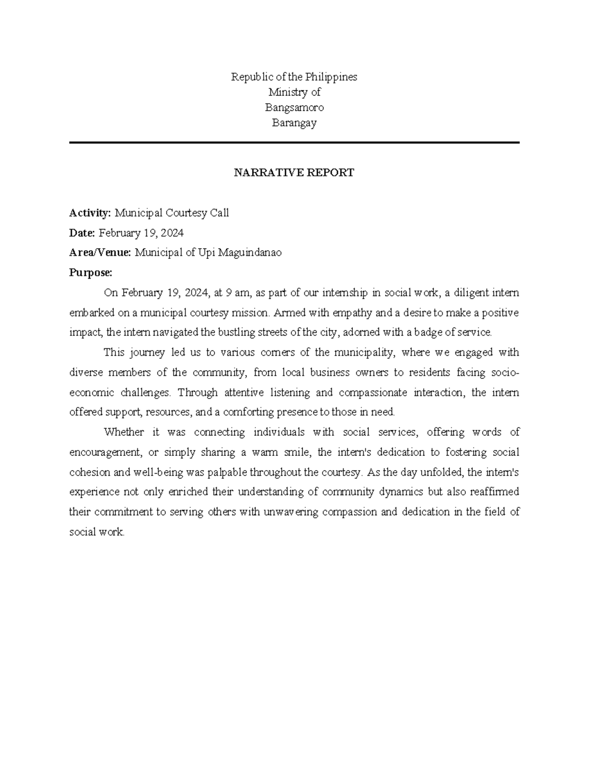 Narrative Report: Social Work Internship Activities in Upi, Maguindanao ...