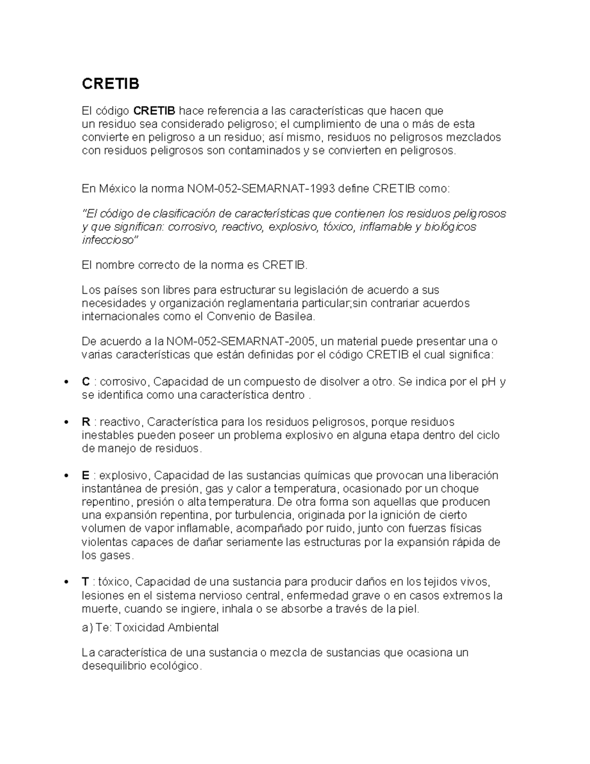 Definición del Código CRETIB: Características de Residuos Peligrosos ...