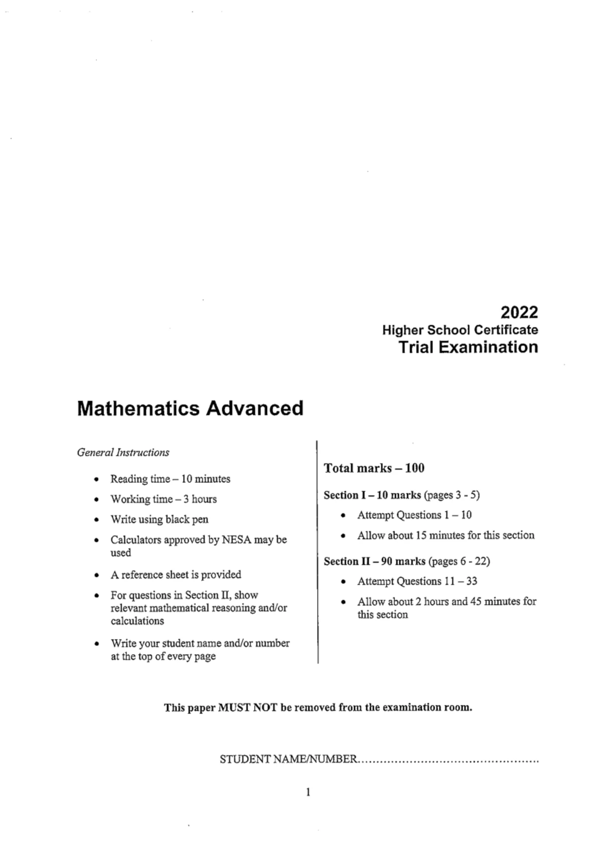 2022 HSC Mathematics Advanced Trial Exam Document - Studocu