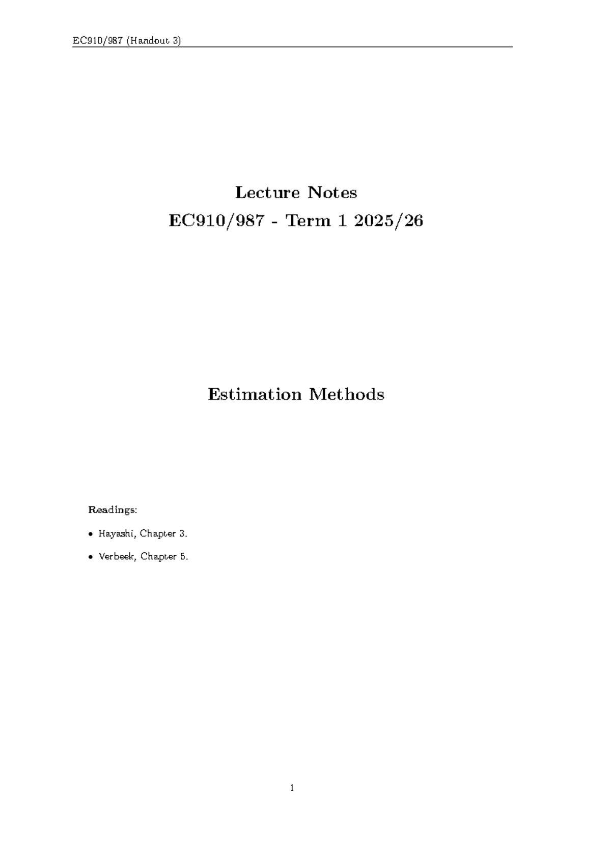 Handout 3: Lecture Notes on Estimation Methods (Term 1) - Studocu