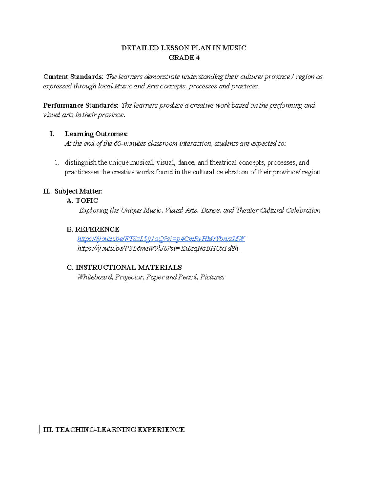 Detailed Lesson Plan in Music for Grade 4: Exploring Cultural ...