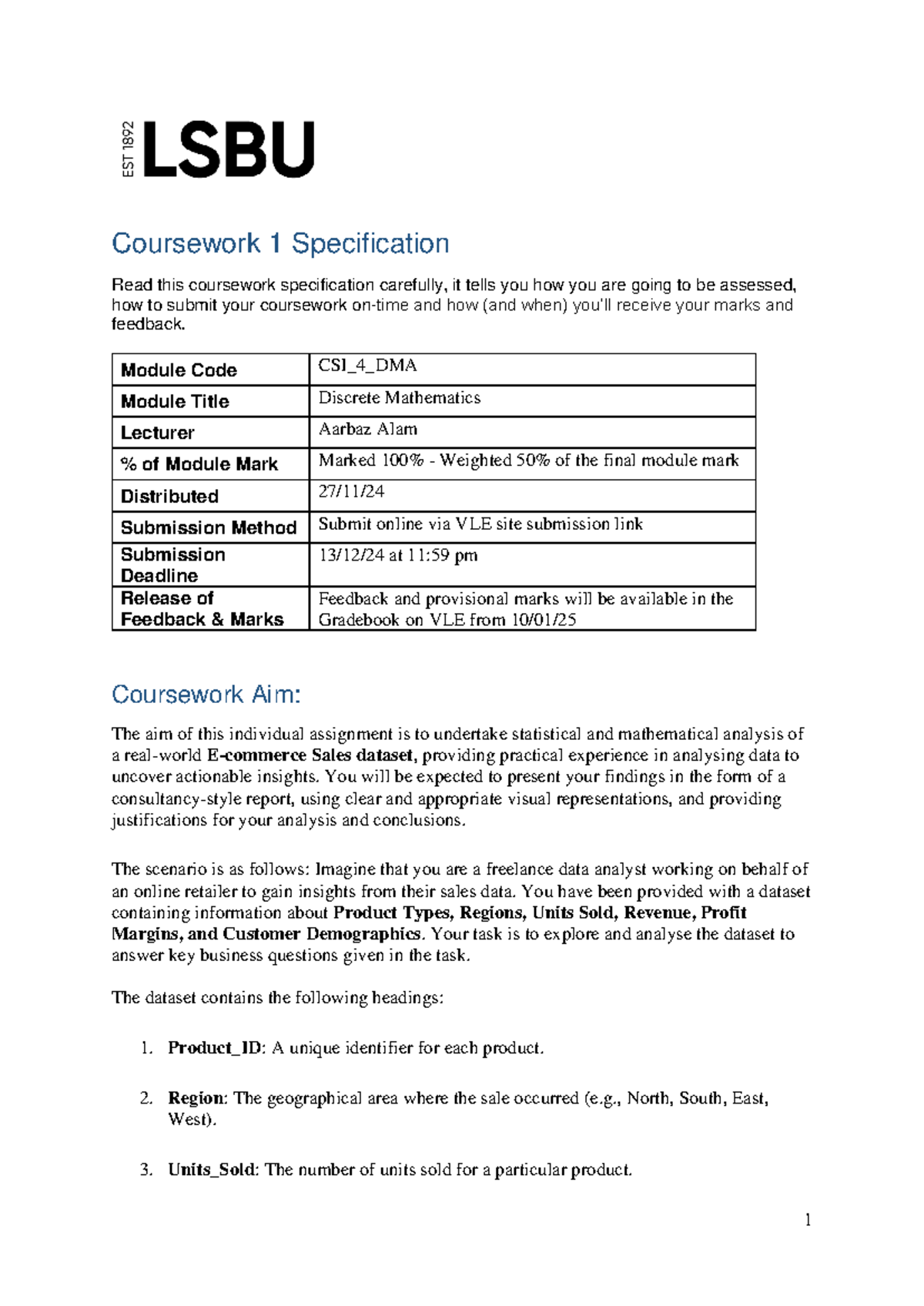 CW1 Report Specification for CSI 4 DMA 2425: Data Analysis of E ...