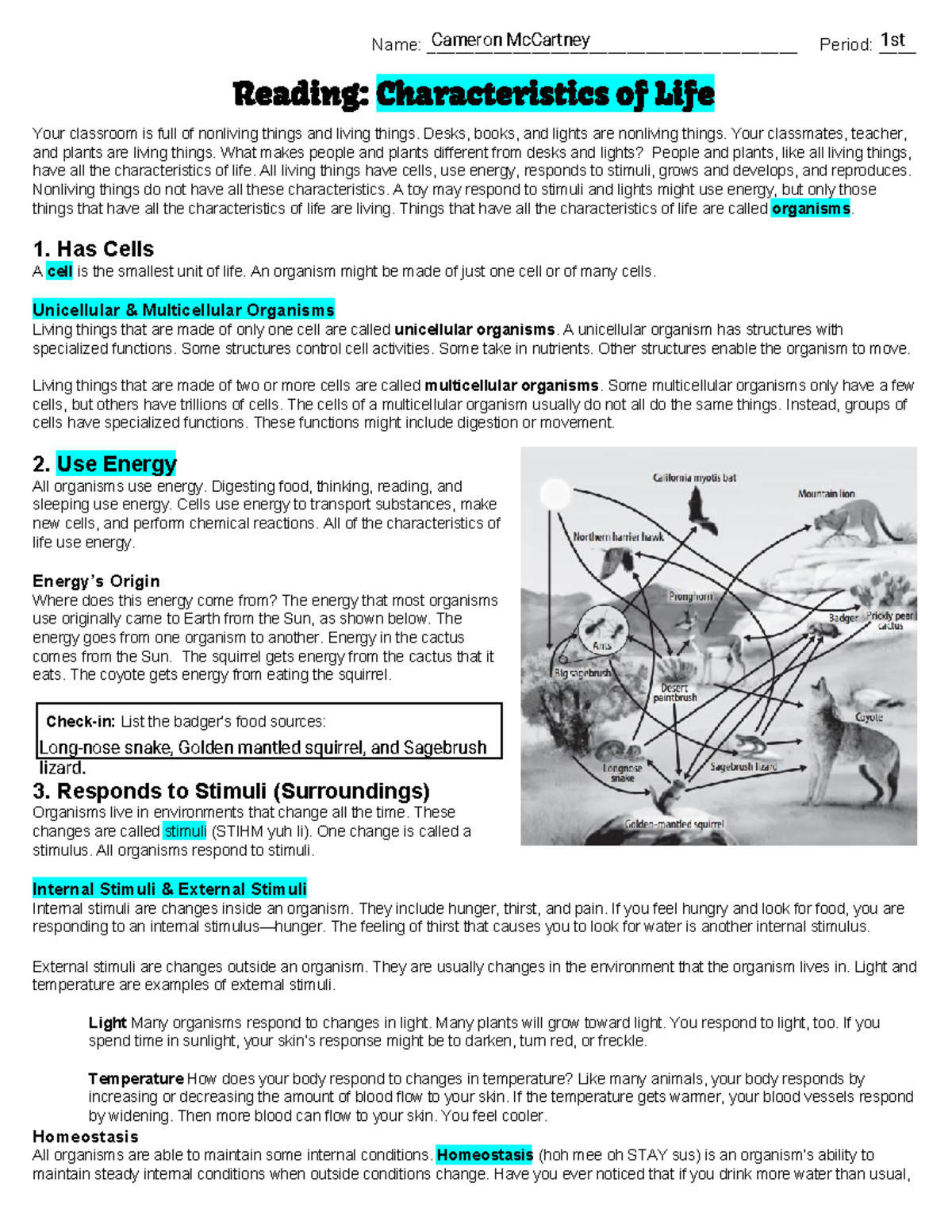 Characteristics of Life: Guided Notes for 1st Period - Studocu