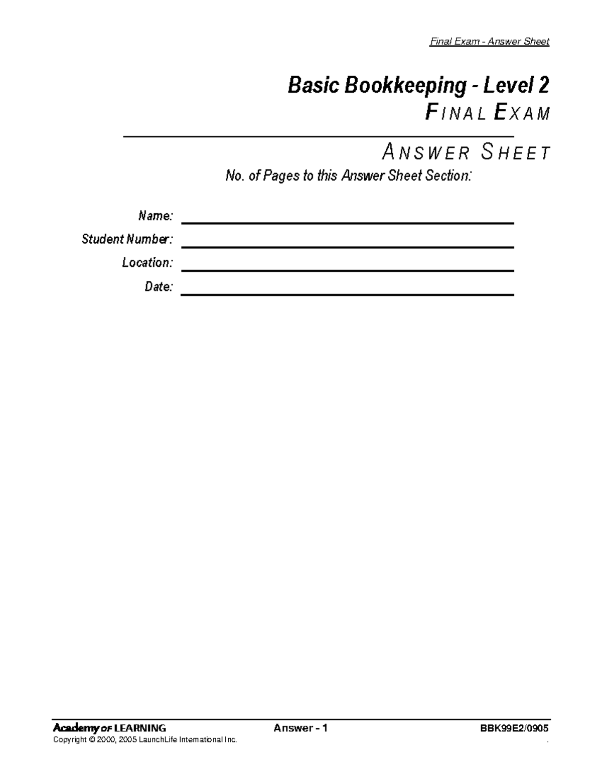 BBK99 E2 Final Exam Answer Sheet - Basic Bookkeeping Level 2 - Studocu