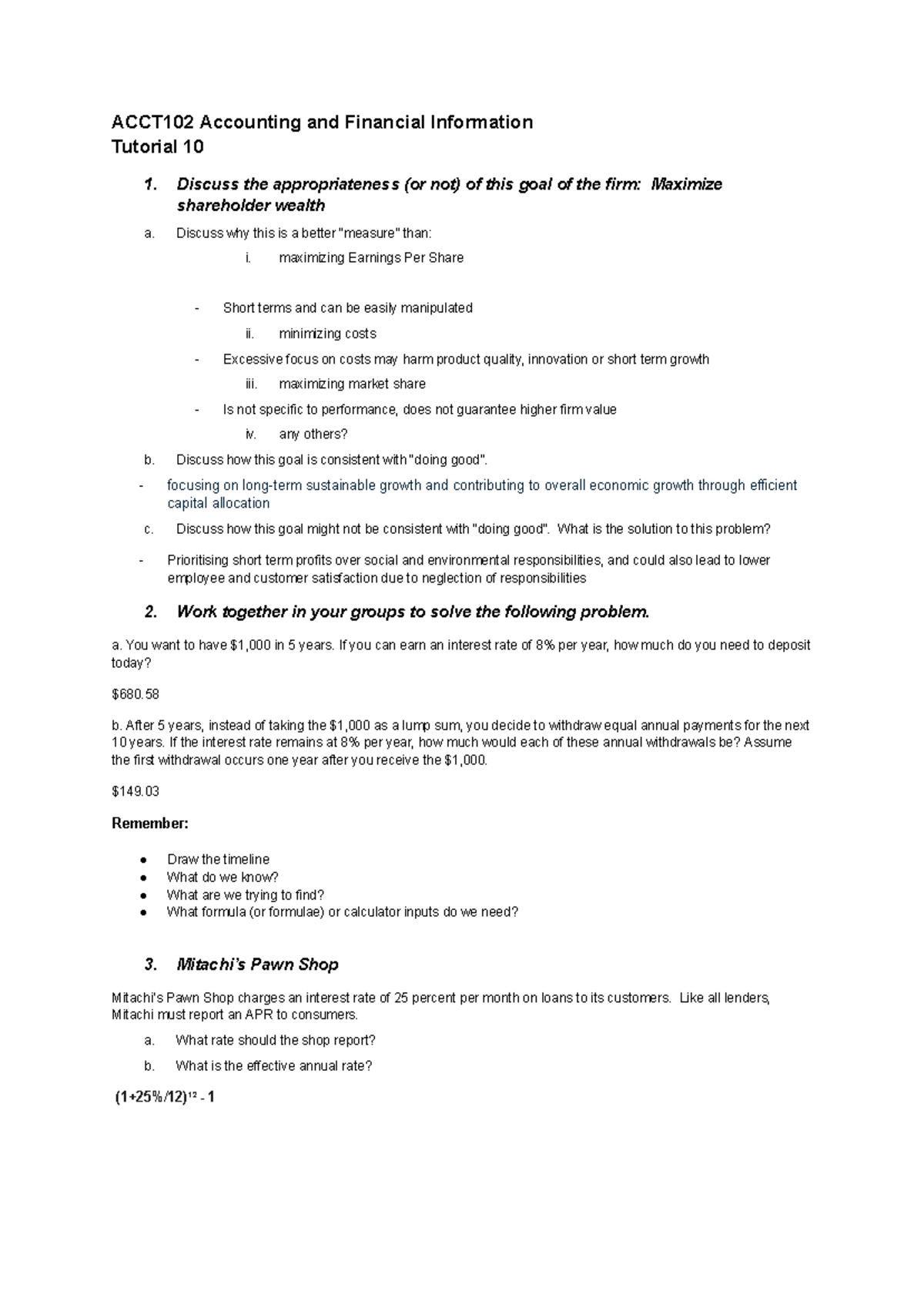 ACCT102 Tutorial 10: Maximize Shareholder Wealth vs. Cost Minimization ...
