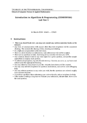 Coms1018a class test 2 2018 question paper - Introduction to Algorithms ...