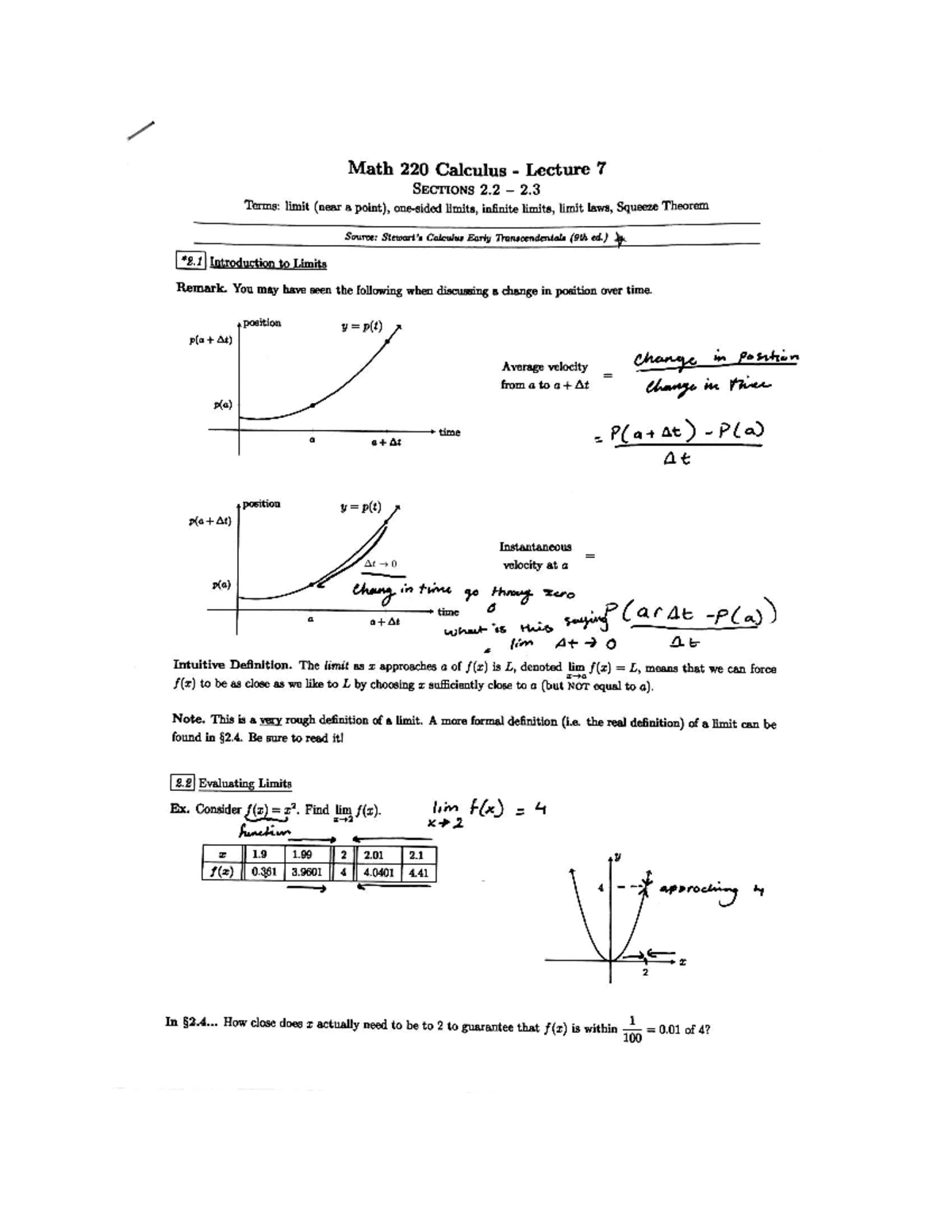 Lecture 7 - Math 220 Calculus Lecture 7 SECTIONS 2 2 Terms: limit (near a point), limits ...