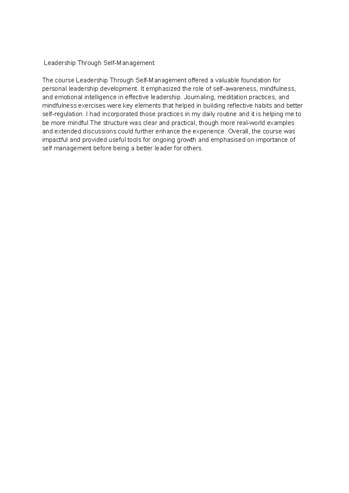 Leadership Through Self-Management: A Course Reflection - Studocu