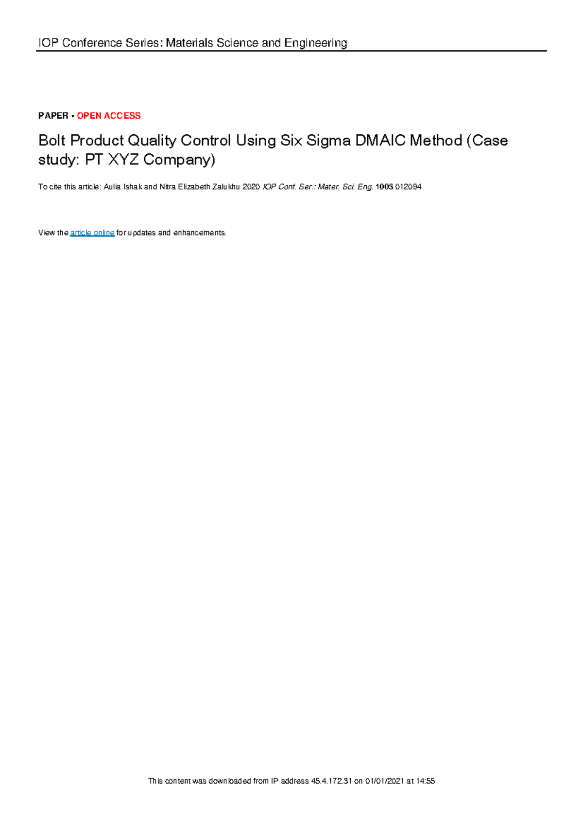 Bolt Product Quality Control Using Six Sigma DMAIC Method - Studocu
