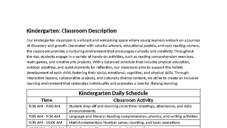 Kindergarten Classroom Overview & Daily Schedule Notes - Studocu