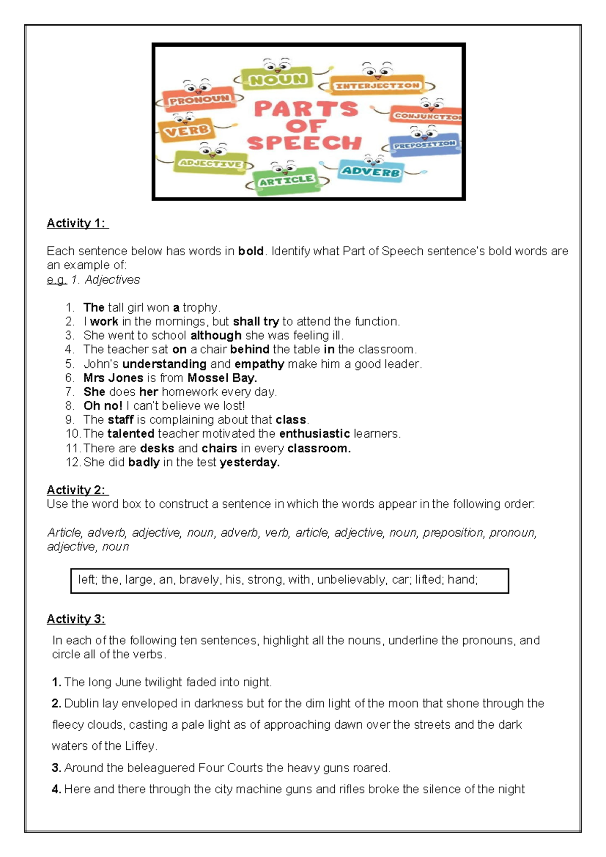 Parts of Speech Revision Activity: Identifying and Analyzing - Studocu