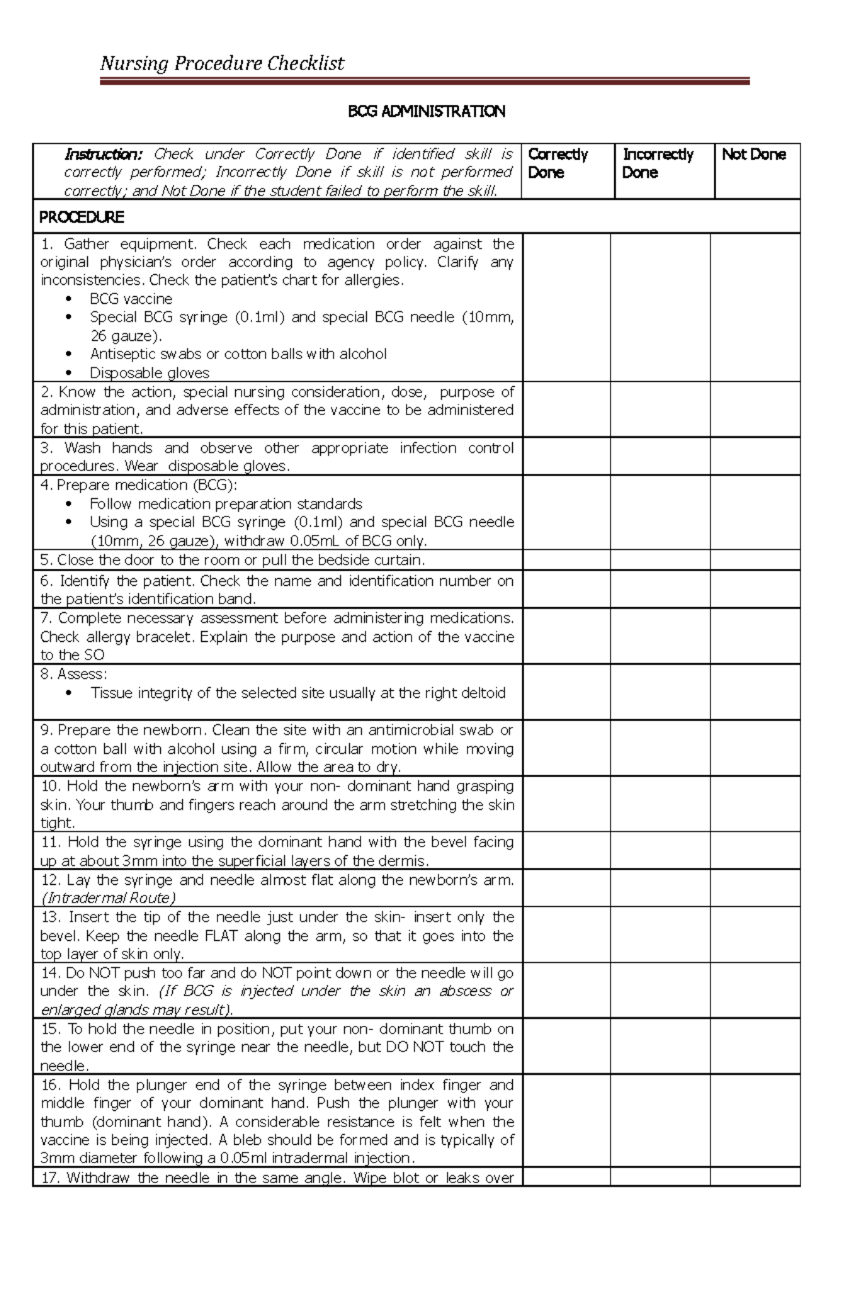 BCG Vaccine Administration Checklist - Nursing Procedure Guide - Studocu