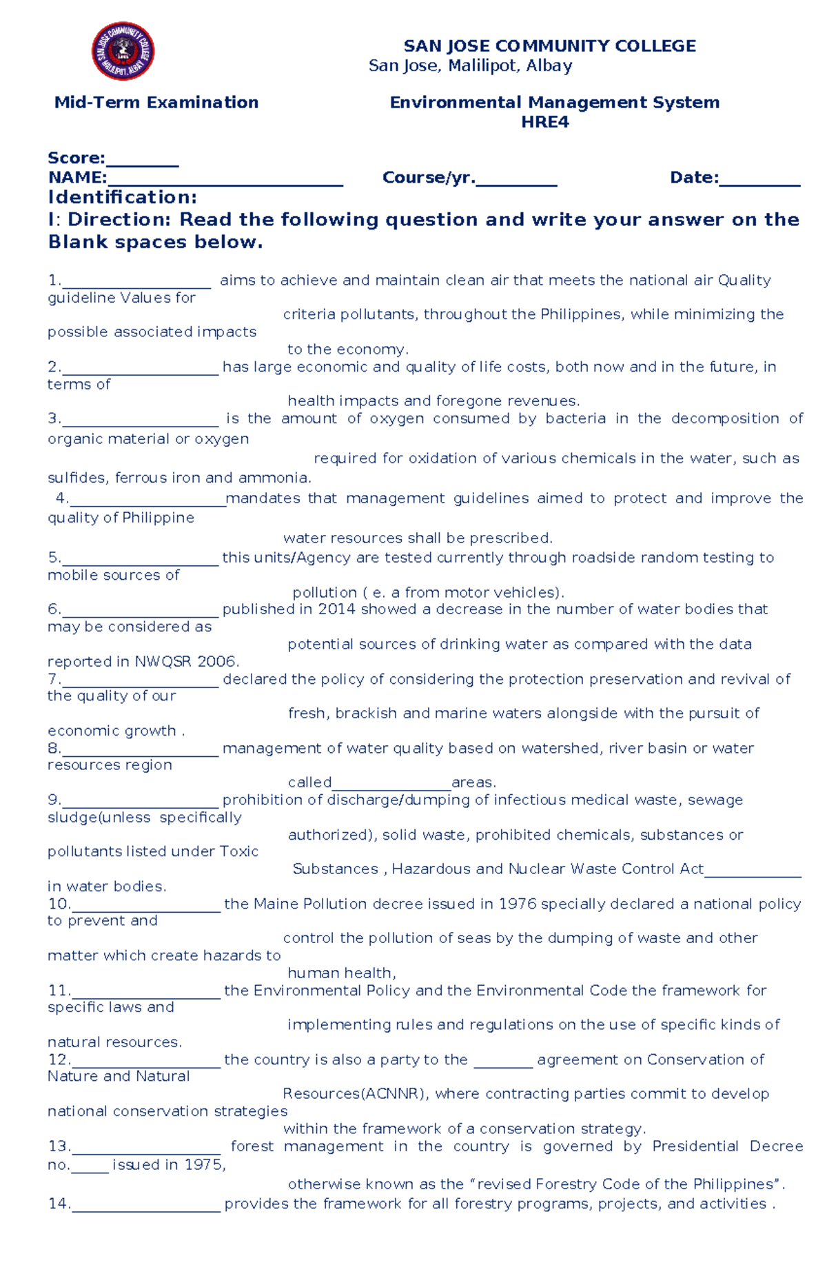 Midterm Exam HRE4: Environmental Management System Set A - Studocu