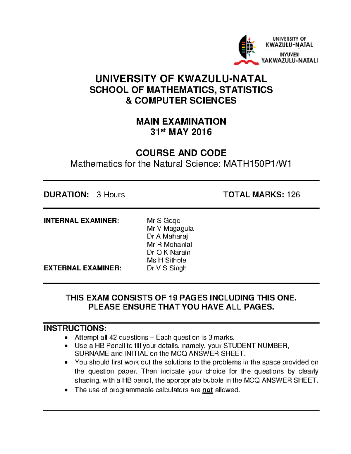 Mathematics for Natural Science: Main Exam 2016 (MATH101) - Studocu