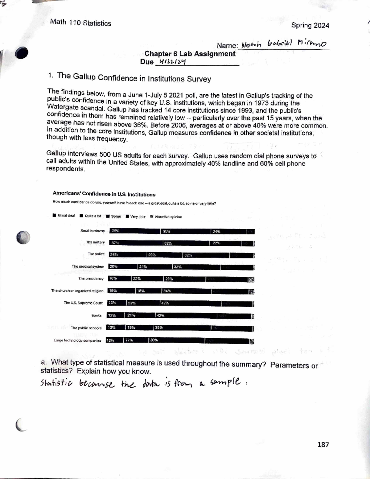 Math 110 Lab #6 - math - I • Math 11 O Statistics Spring 2024 Name ...