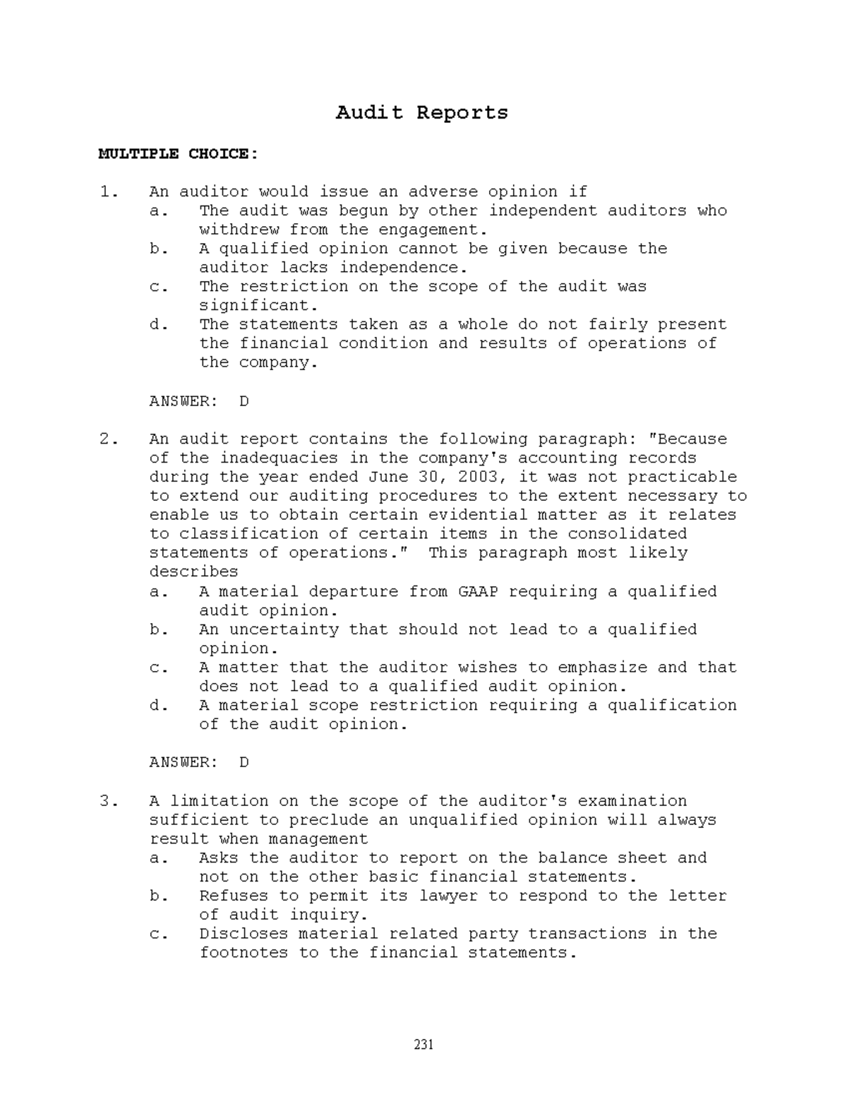 Ch14 - Audit Reports: Multiple Choice Questions & Answers - Studocu