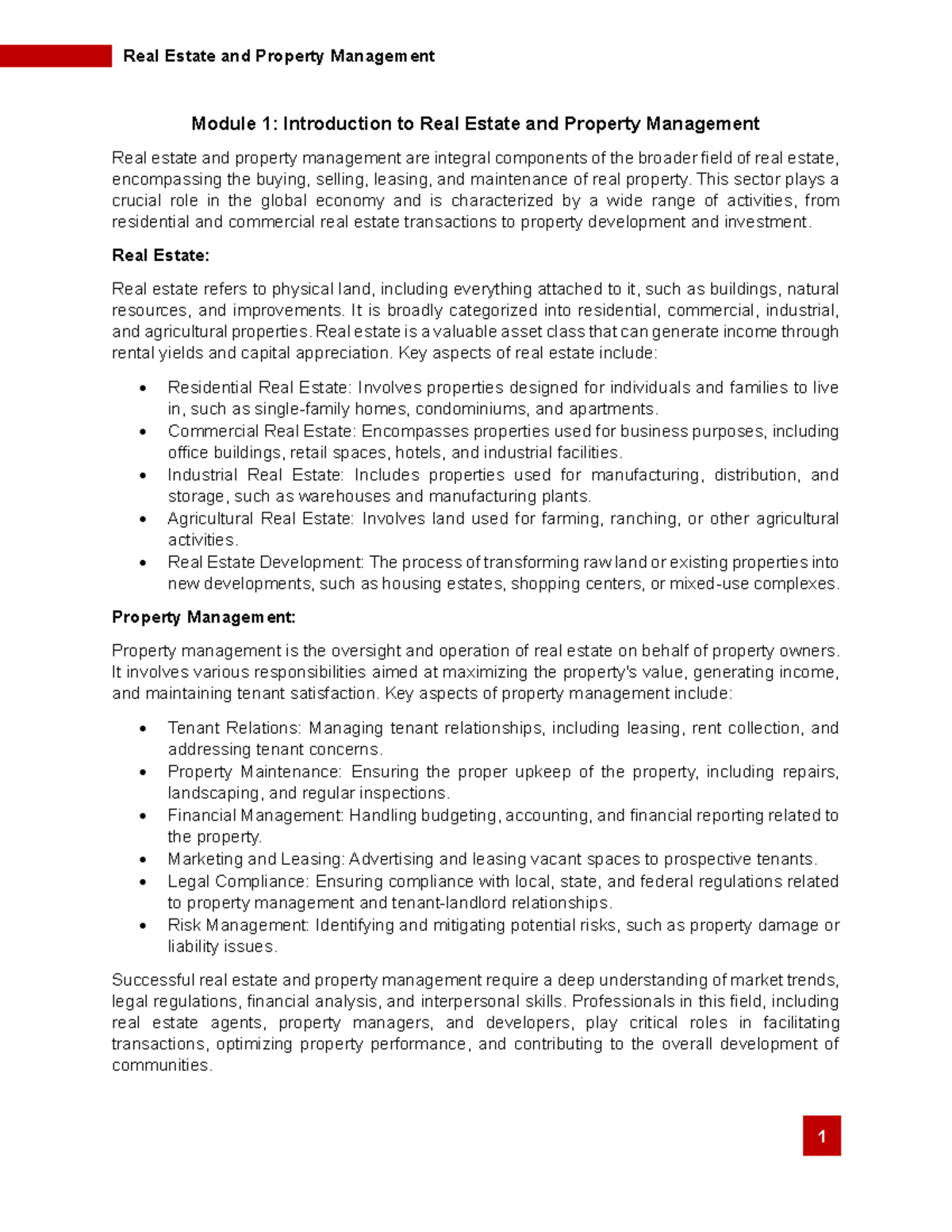 Real Estate & Property Management (Module 1) - Lecture Notes - Studocu