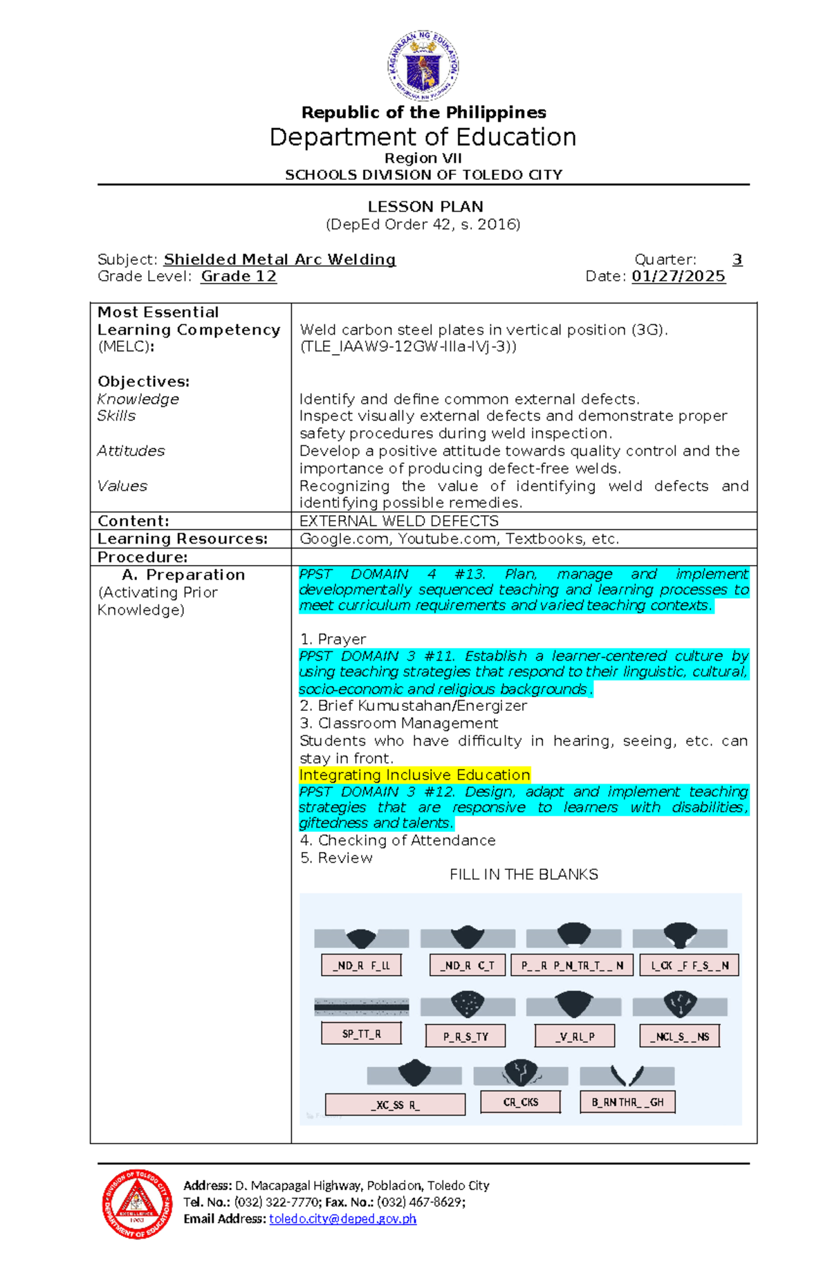 Grade 12 3rd Quarter Lesson Plan on External Weld Defects (TLE_IAAW9-12GW-IIIa-IVj-3) - Studocu