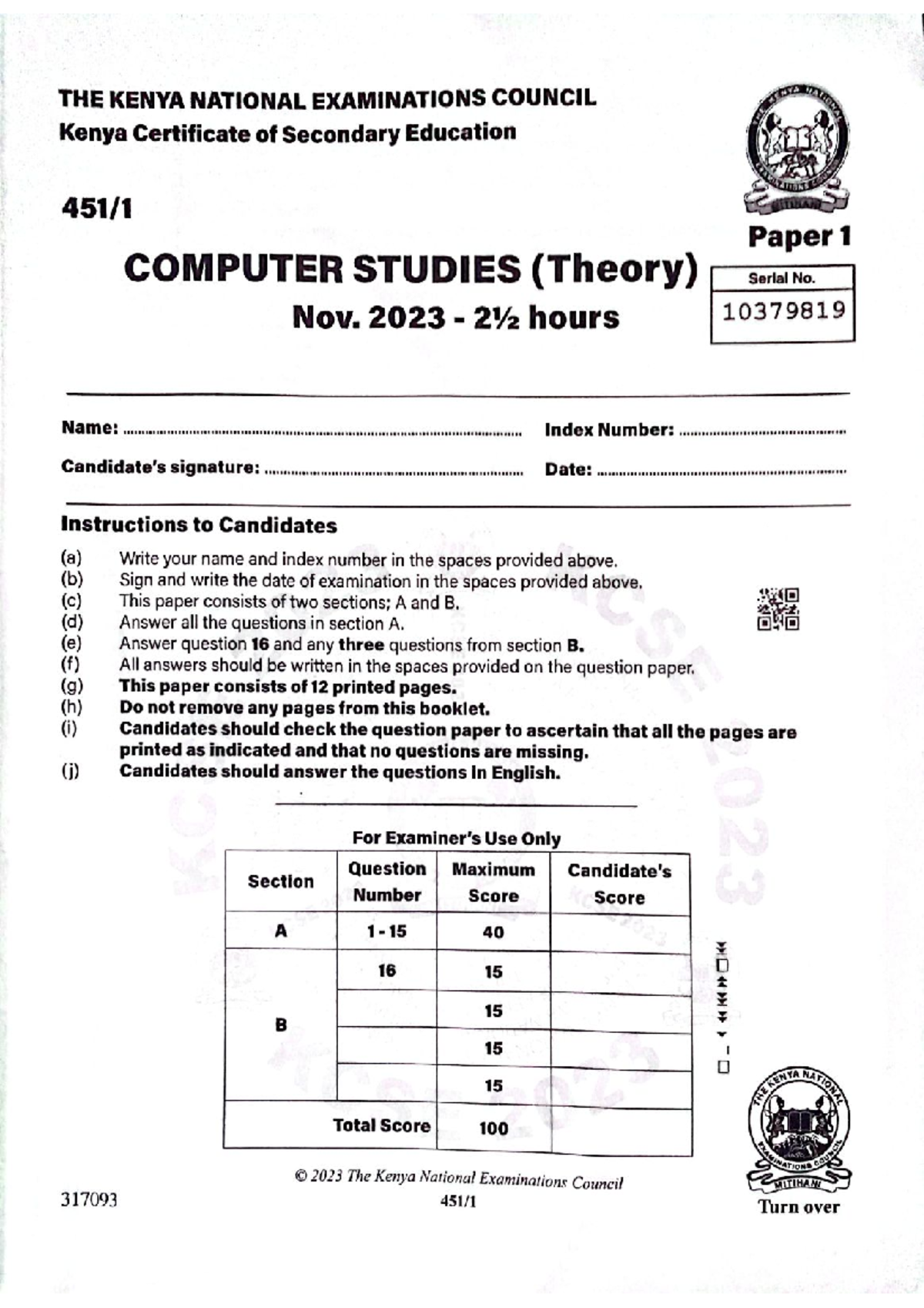 KCSE 2023 Computer Studies Paper 1 Practice Material - Studocu