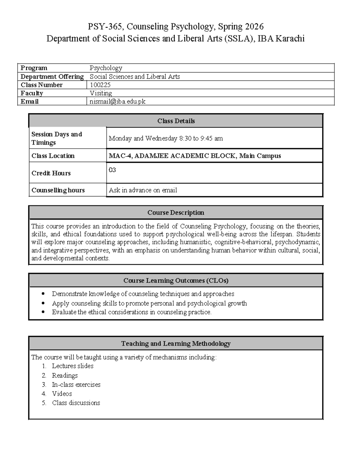 Counseling Psychology Course Outline (PSY 100225) - Spring 2026 - Studocu