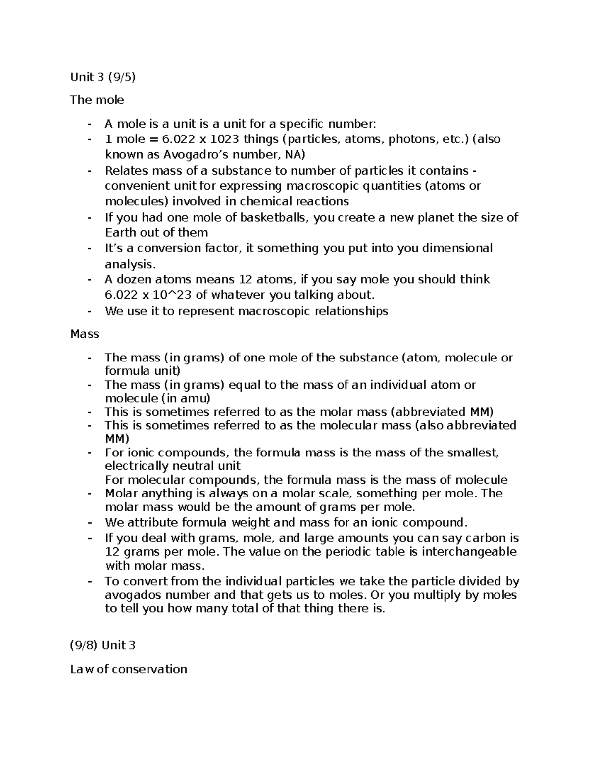 Unit 3: Lecture Notes on Moles and Conservation of Mass - Studocu