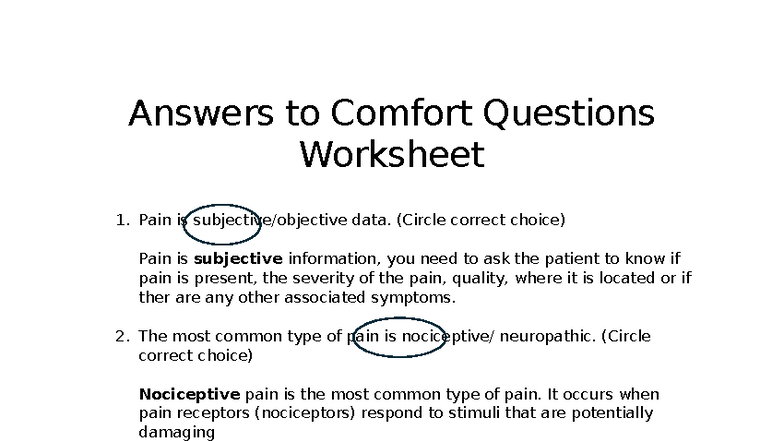 Comfort Questions Worksheet 1: Pain Assessment & Management Insights ...