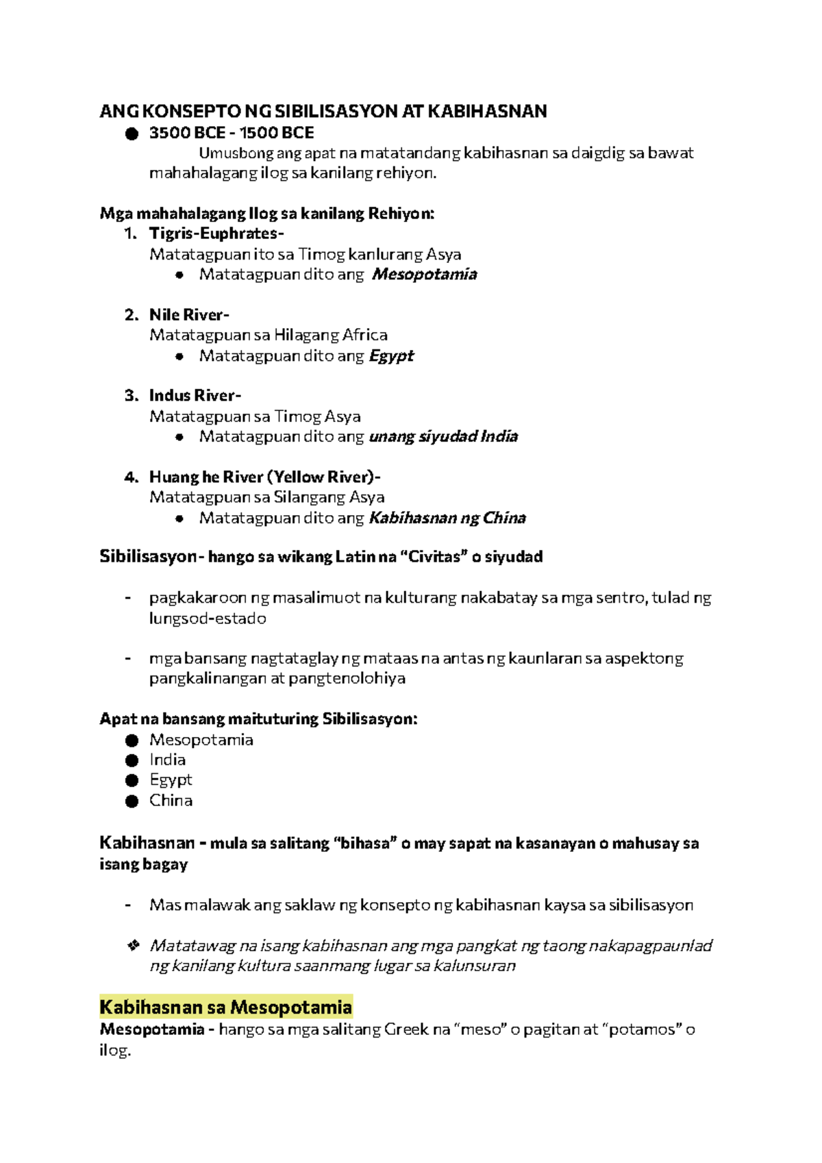 AP: Sibilisasyon at Kabihasnan - Mga Konsepto at Kaganapan - Studocu