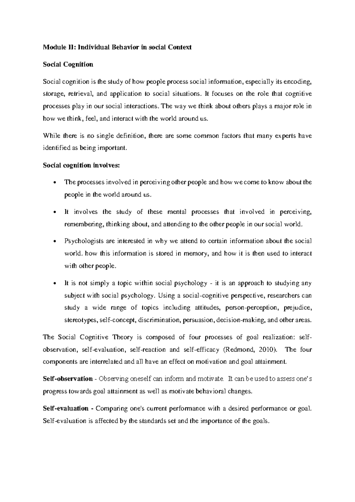 Module II: Individual Behavior in Social Context - Notes - Studocu