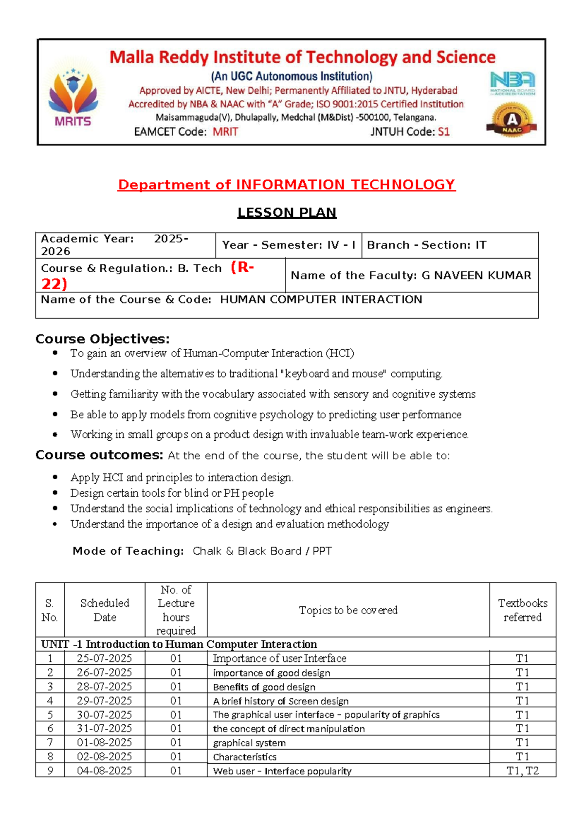 HCI Lesson Plan - IT B.Tech 4th Year 1st Sem 2025-26 - Studocu