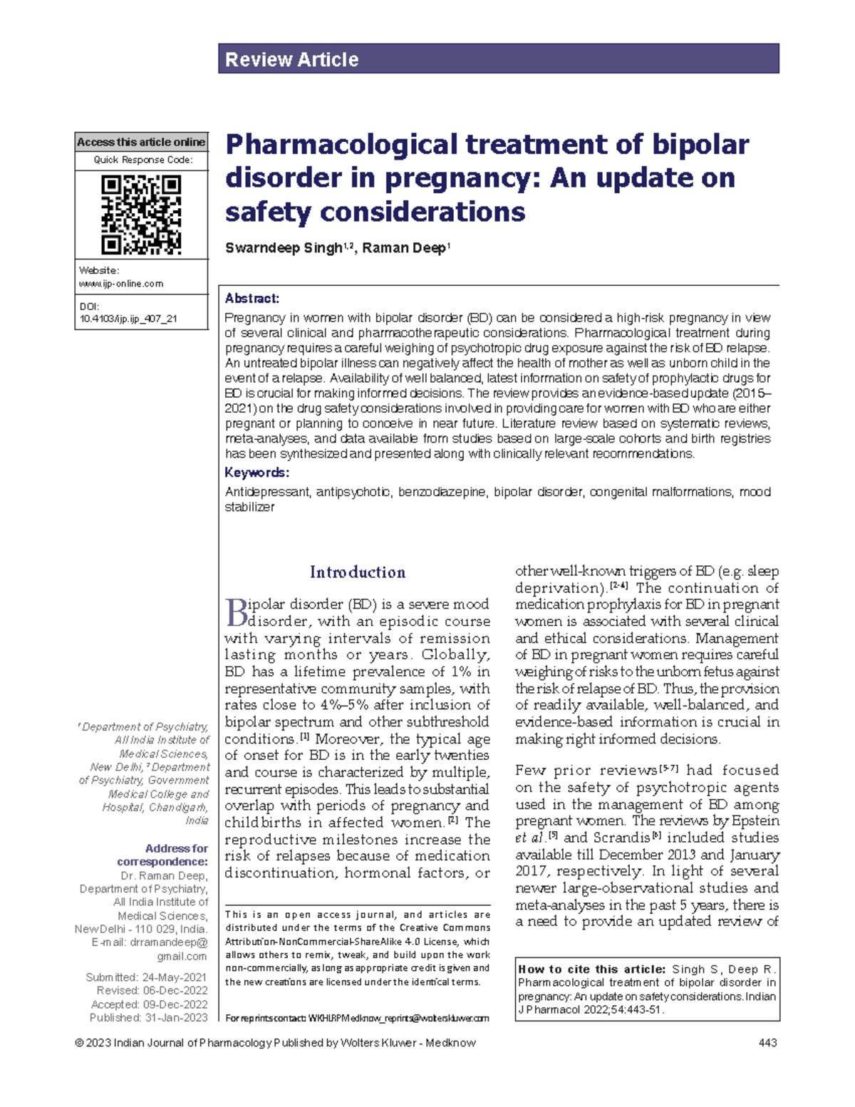 Pharmacological Treatment of Bipolar Disorder in Pregnancy: Safety ...