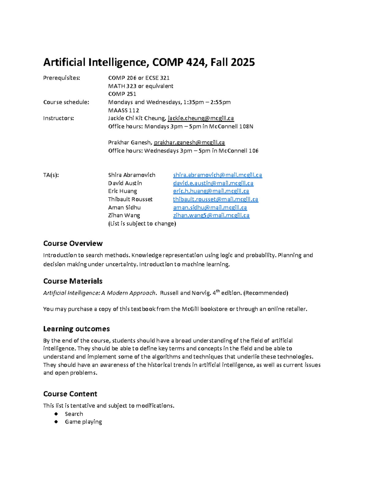 COMP 424 Course Outline: Artificial Intelligence, Fall 2025 - Studocu