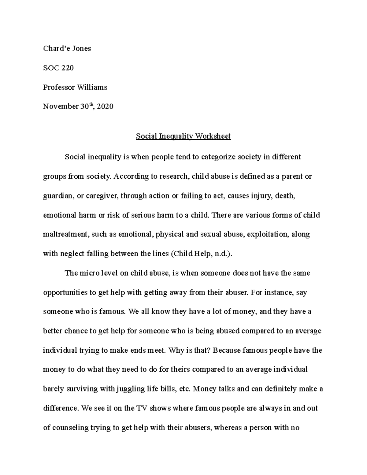 Social Inequality Worksheet - Week 2 - Chard’e Jones SOC 220 Professor ...