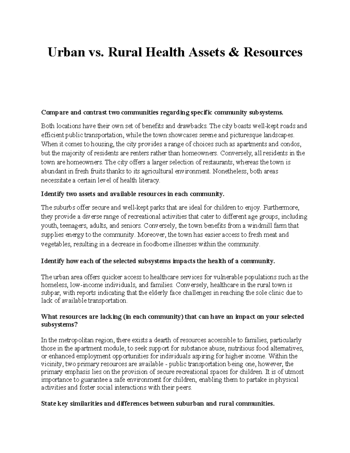 Urban vs. Rural Health Assets & Resources: A Comparative Study - Studocu