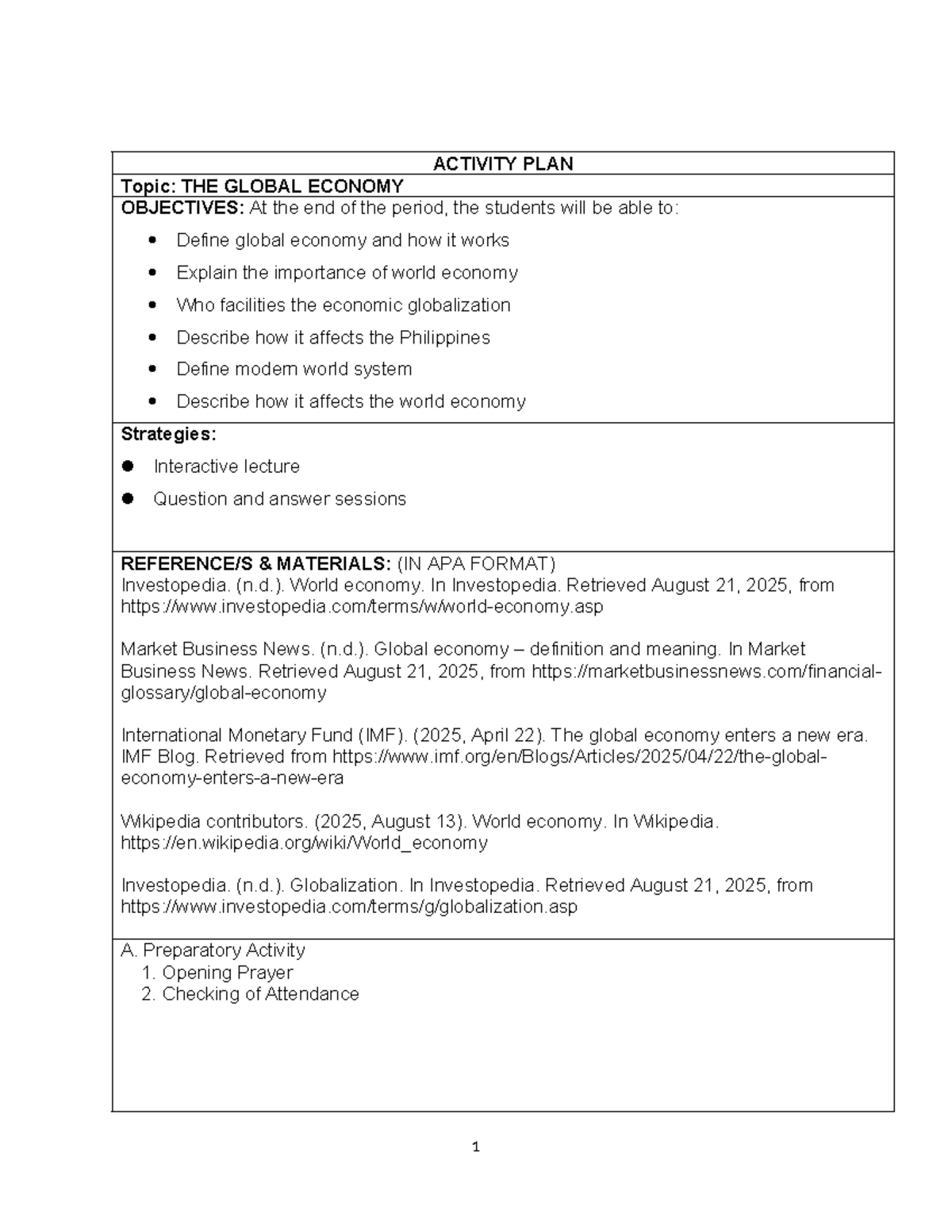 ACTIVITY PLAN: Understanding the Global Economy (N/A) - Studocu