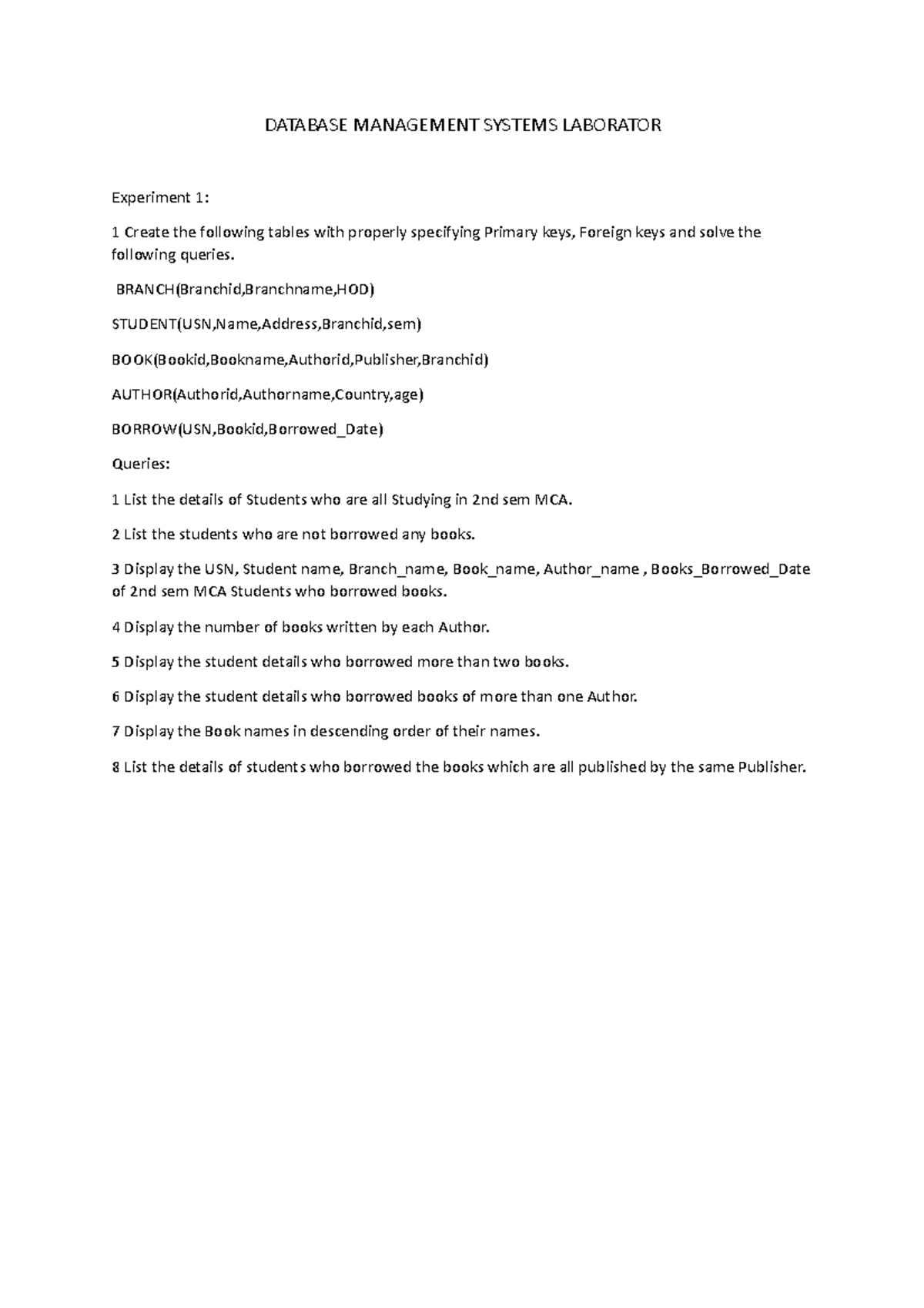 DATABASE MANAGEMENT SYSTEMS LAB Manual: Experiments and Queries - Studocu