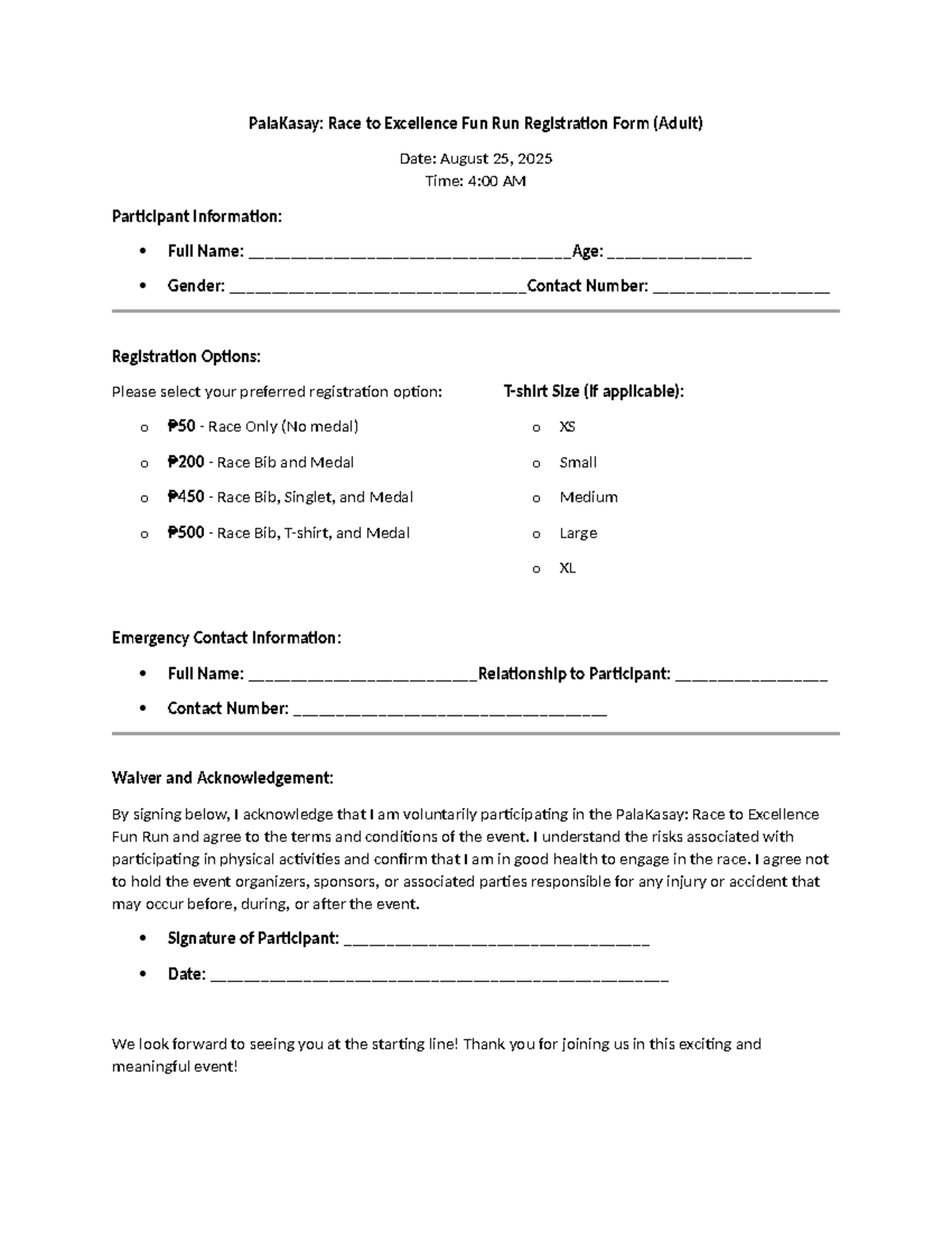 PalaKasay: Race to Excellence Fun Run Registration Form (Adult) - Studocu