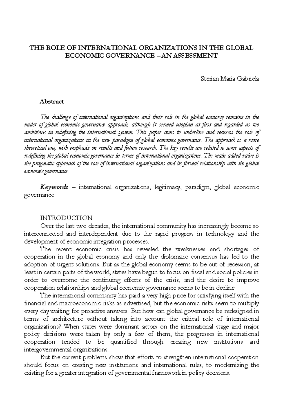 308 The Role of International Organizations in Global Economic ...