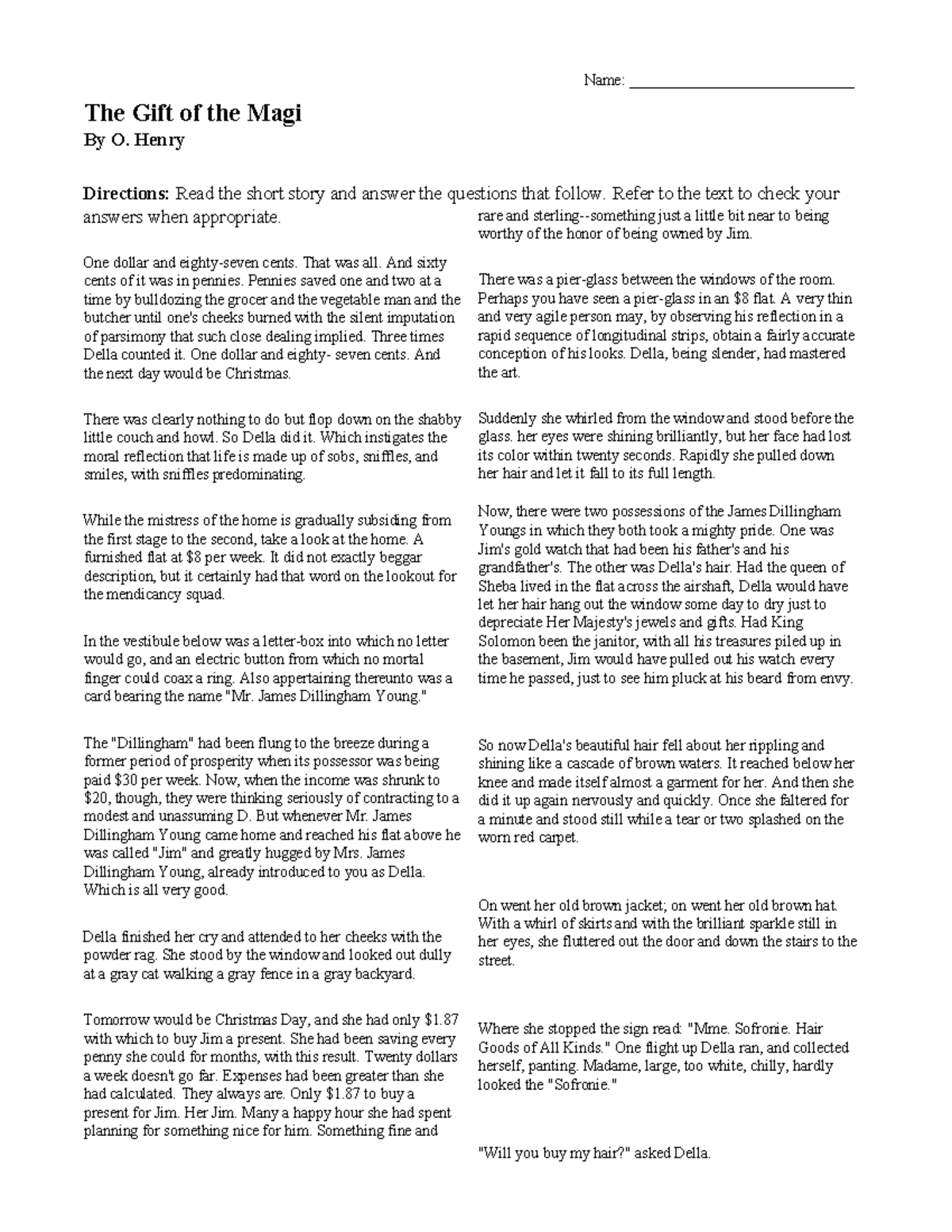 Reading Comprehension Questions for "The Gift of the Magi" - Studocu